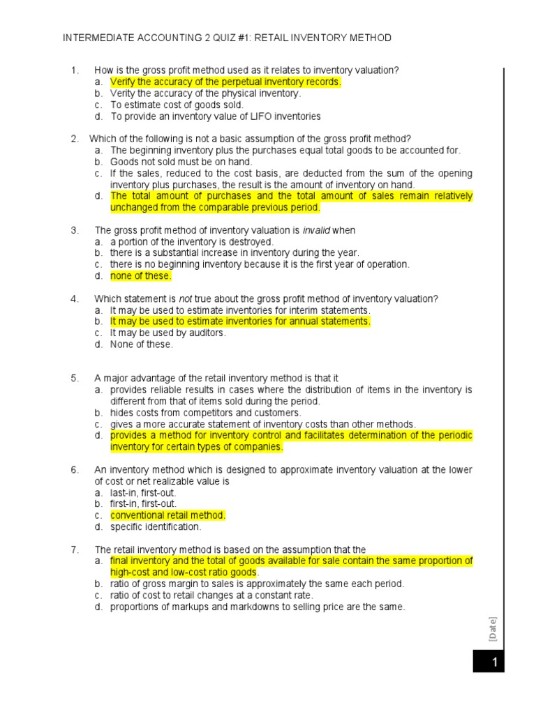 Quiz 1 RETAIL INVENTORY METHOD | PDF | Inventory Valuation | Inventory