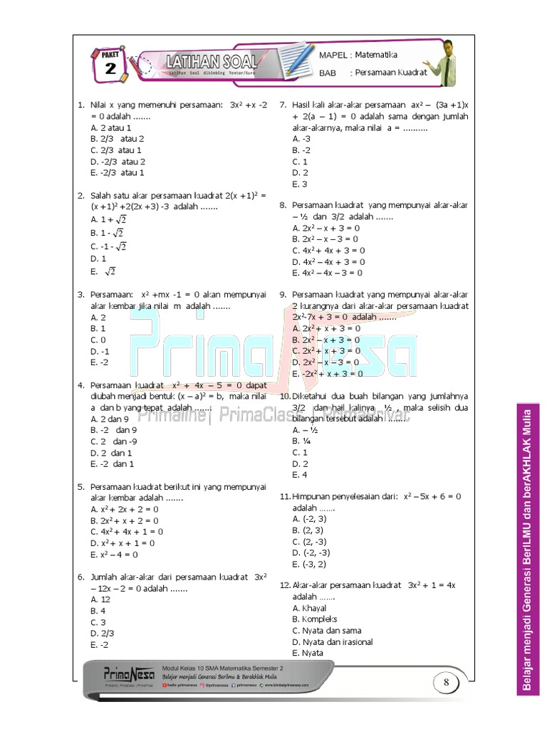 7 Latihan Soal 2 Persamaan Kuadrat | PDF