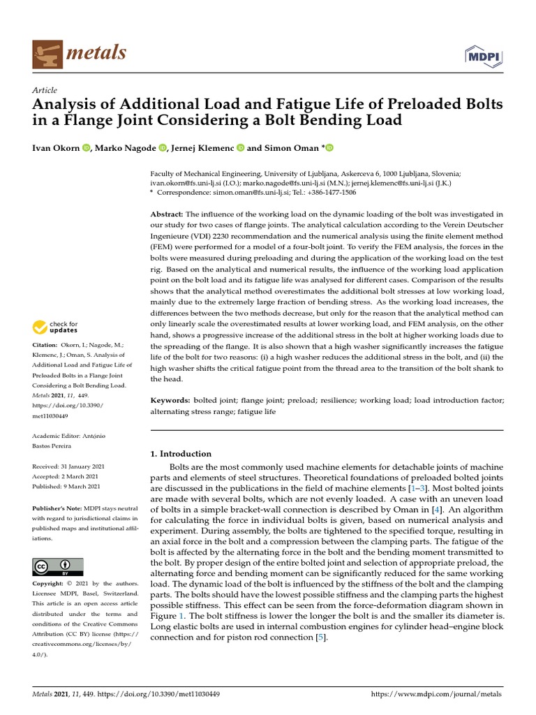 Analysis of Additional Load and Fatigue Life of Preloaded Bolts | PDF ...