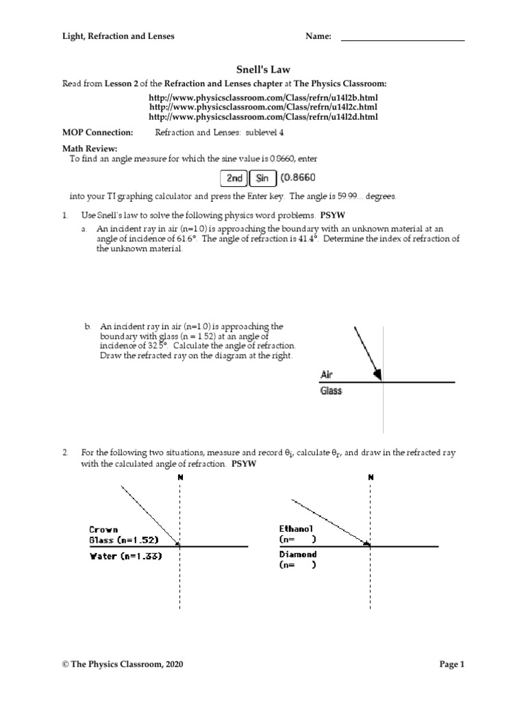 Snells Law Workesheet | PDF | Refraction | Electrodynamics