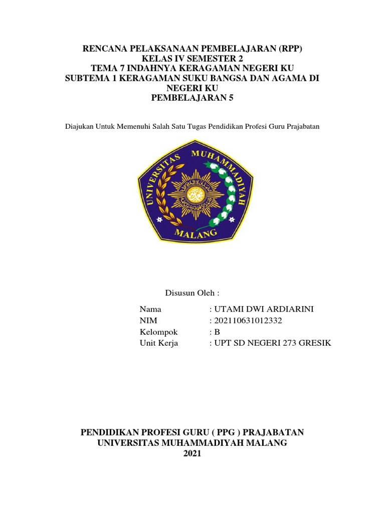 RPP Tema 7 Kelas 4 PJBL - Utami Dwi Ardiarini | PDF