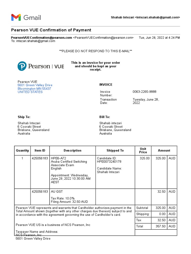 Gmail - Pearson VUE Confirmation of Payment | PDF | Value Added Tax ...