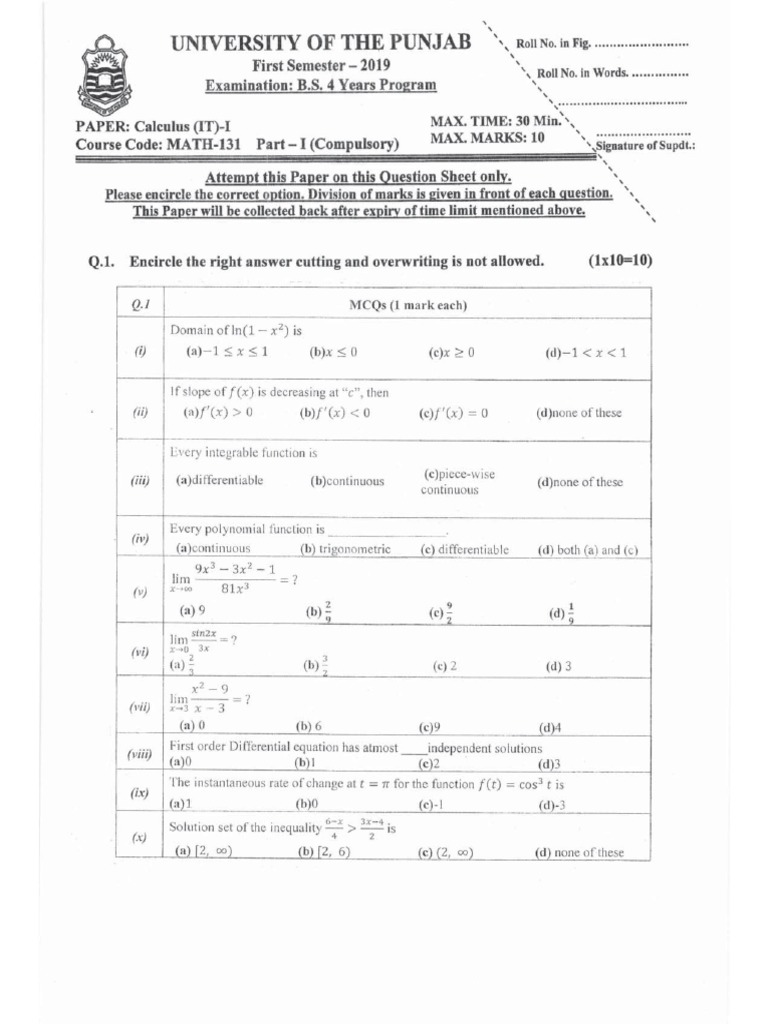 Calculus IT Past Papers of Punjab University | PDF