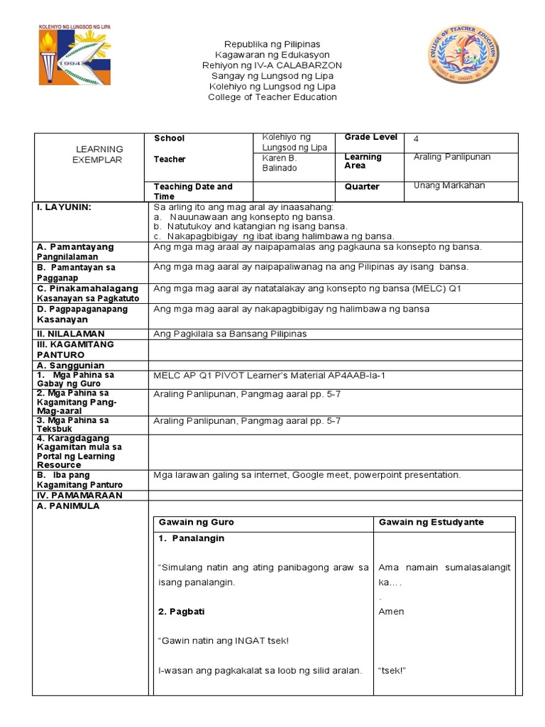 Lesson Exemplar Araling Panlipunan 4new | PDF