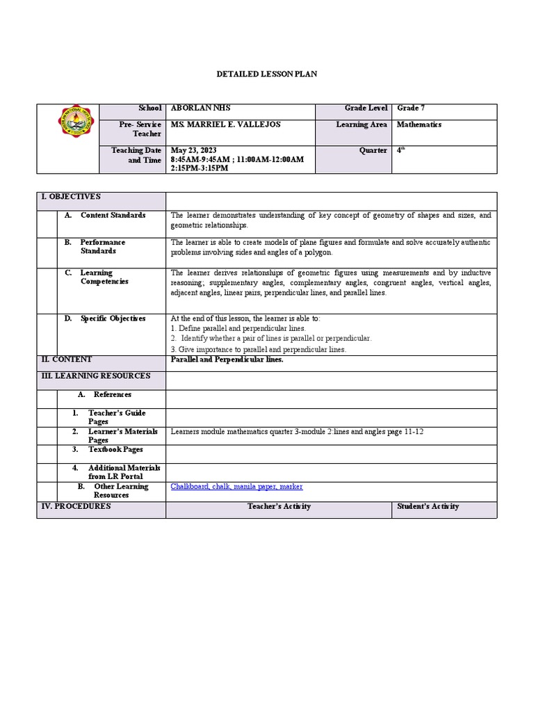 DETAILED LESSON PLAN May 23 (g7) | PDF | Angle | Perpendicular