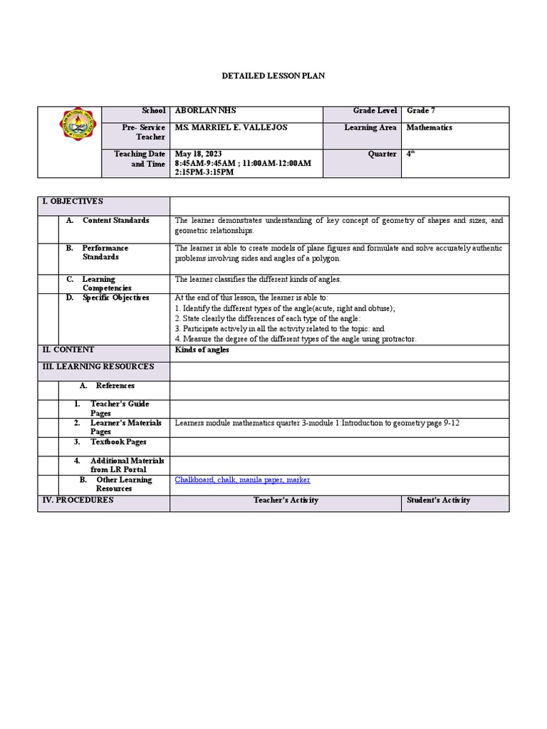 Grade 7 Geometry Lesson Plan on Angles | PDF | Learning | Geometry