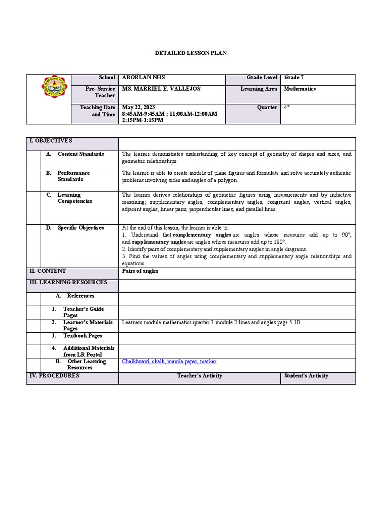 DETAILED LESSON PLAN May22 (g7) | PDF | Angle | Shape