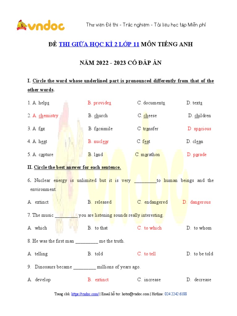 Bo de Thi Giua Hoc Ky 2 Mon Tieng Anh Lop 11 Co Dap An | PDF | Nature