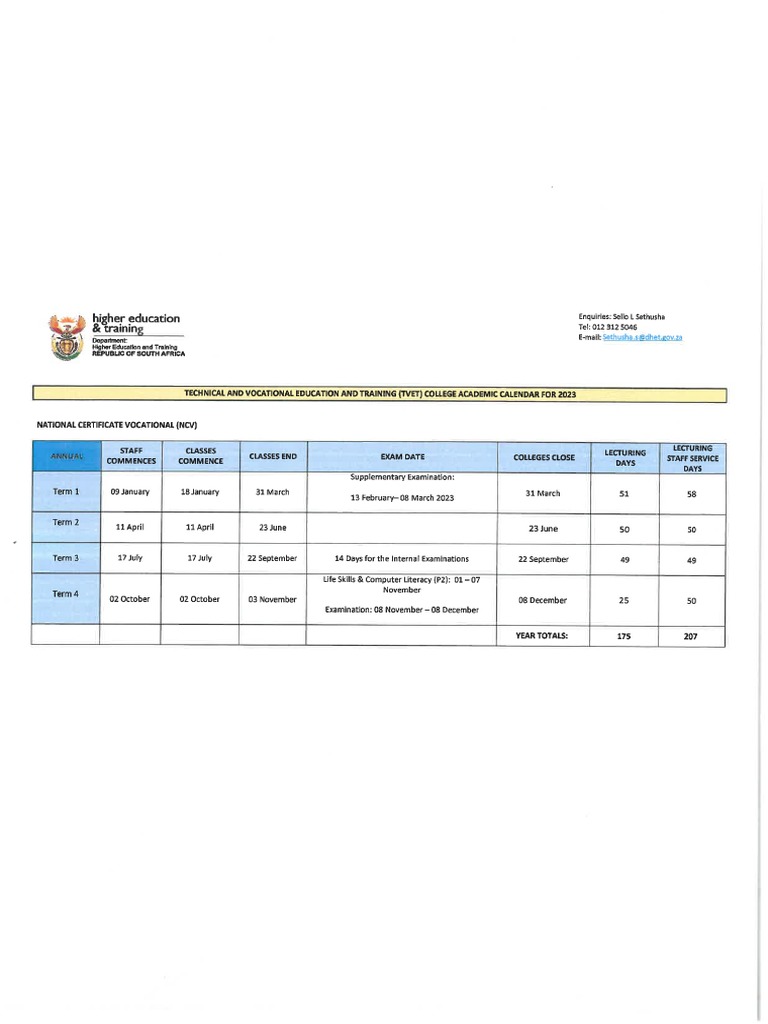 Tvet College Calendar For 2023 | PDF