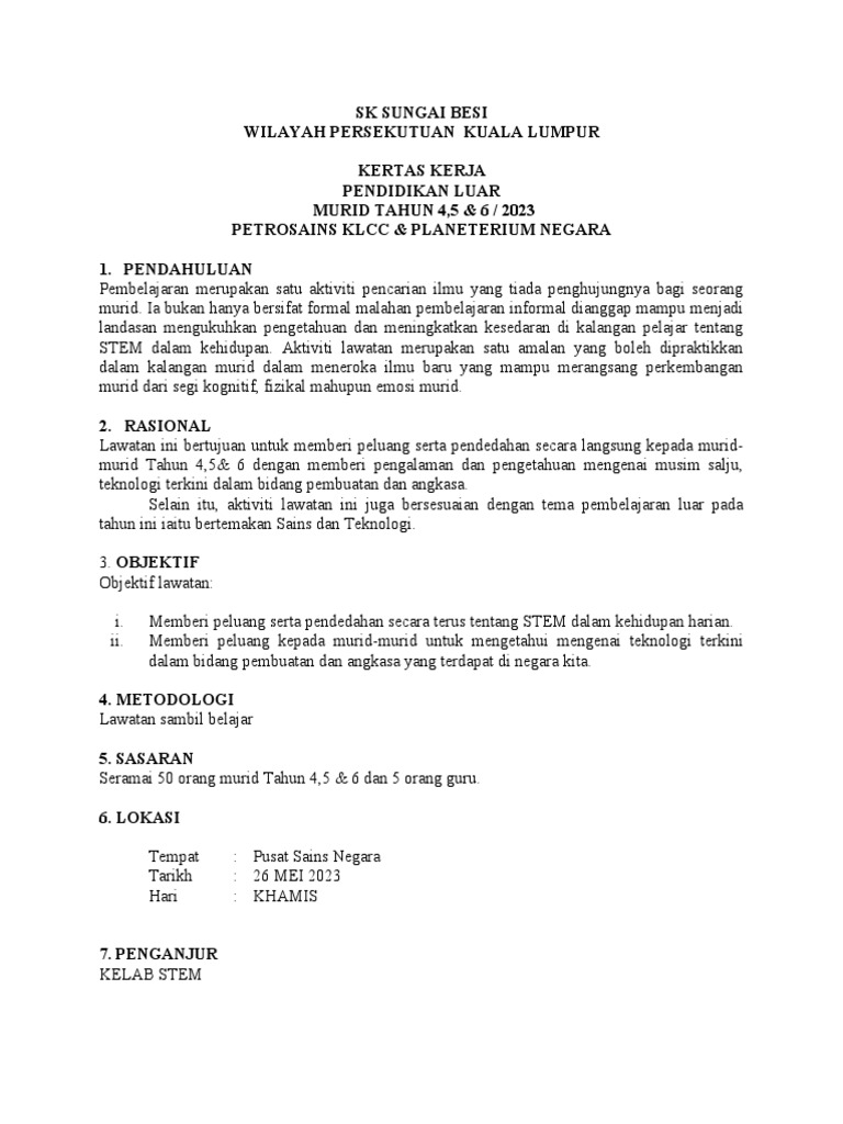 Kertas Kerja Lawatan Ke Petrosains KLCC | PDF