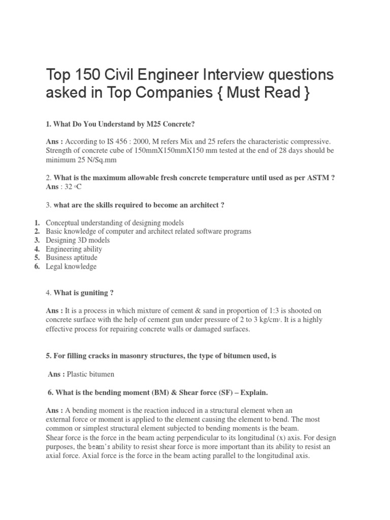150 Civil Engineer Interview Questions Asked in Top Companies | PDF ...