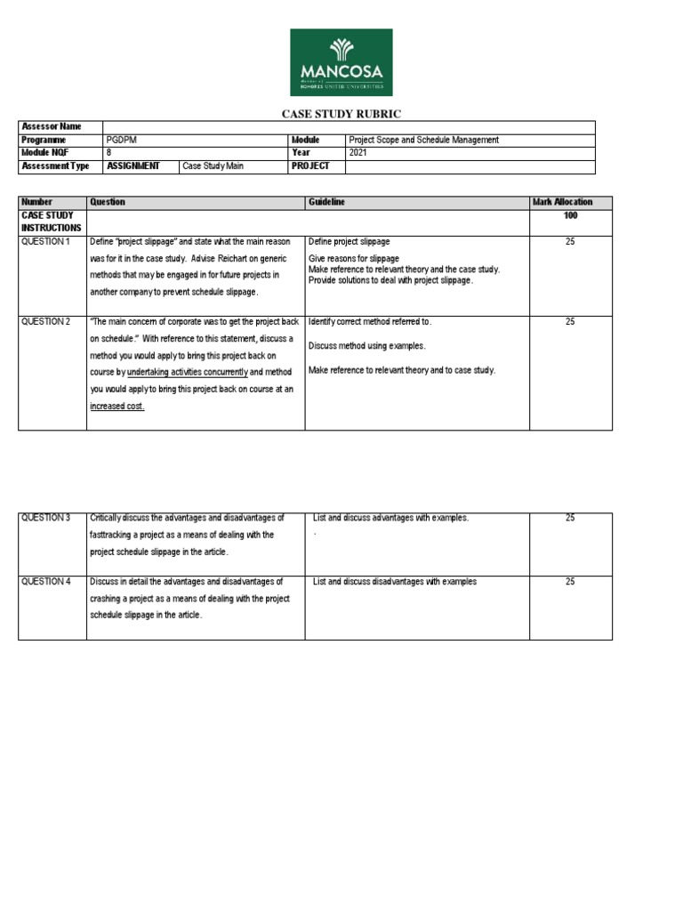 PGDPM Project Scope and Schedule Case Study Rubric | PDF | Knowledge ...