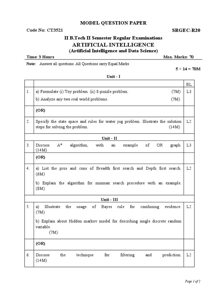 Artificial Intelligence - Model Question Paper | PDF | Algorithms ...