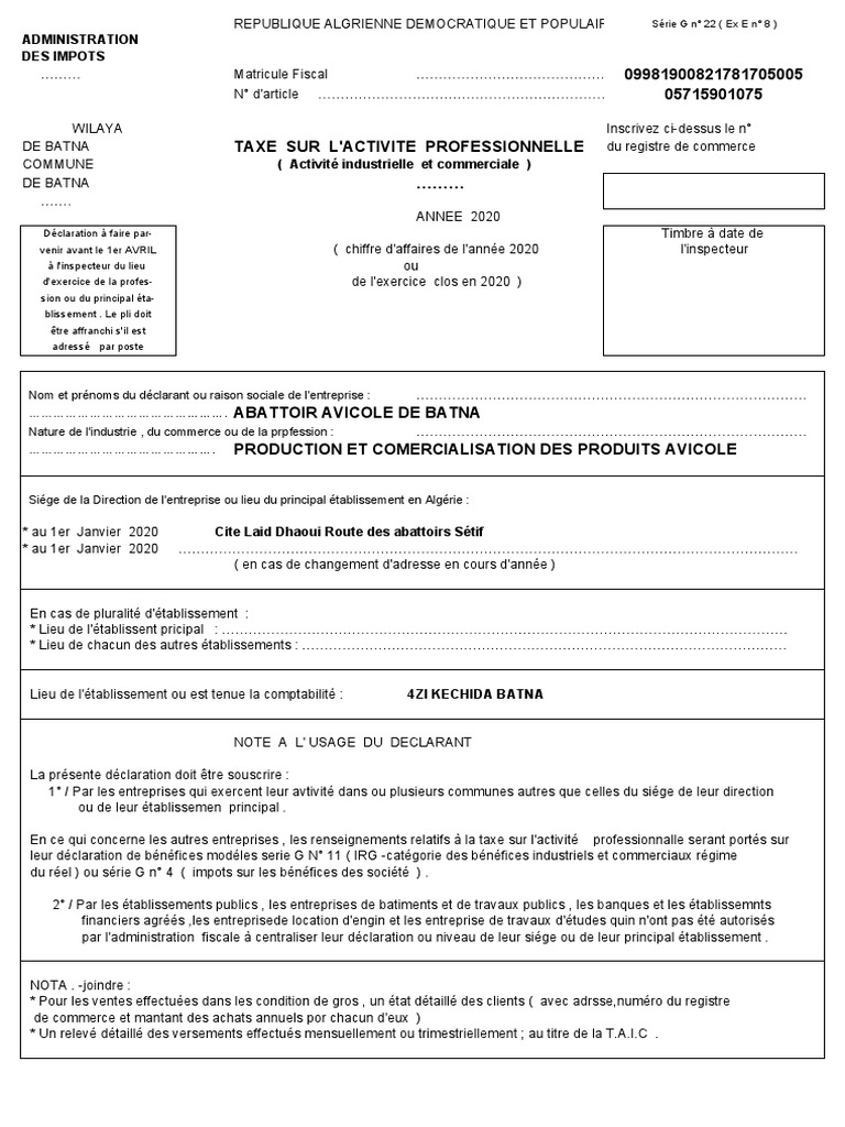 Déclaration de Taxe Professionnelle 2018-2020 | PDF | Impôts | Banques