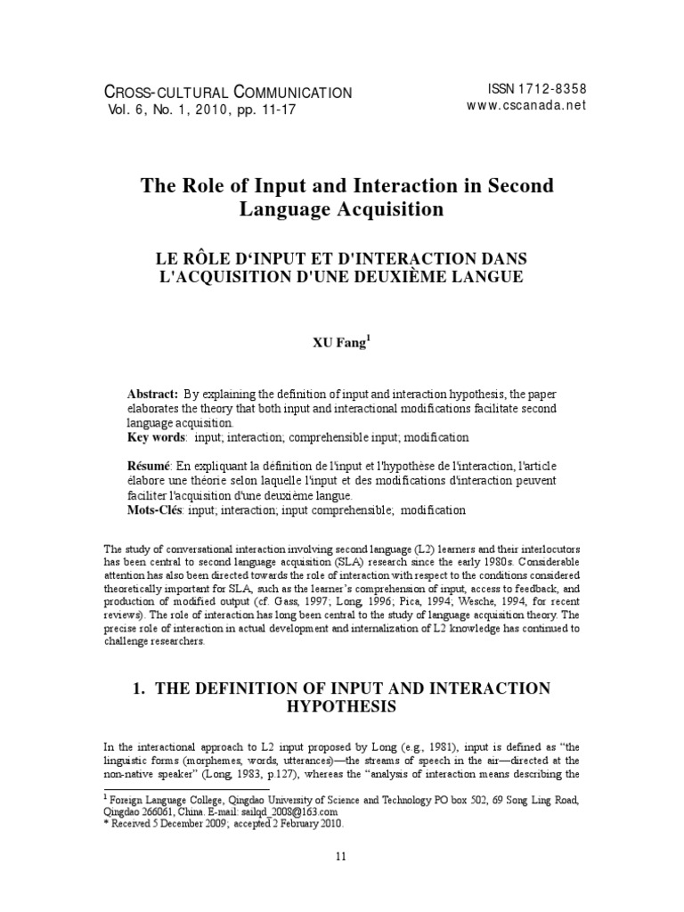 The Role of Input and Interaction in SLA | PDF | Second Language Acquisition | Second Language