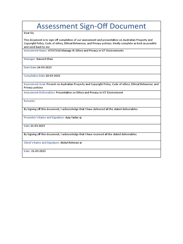 Australian Property and Ethics Assessment Sign-Off | PDF | Business | Law