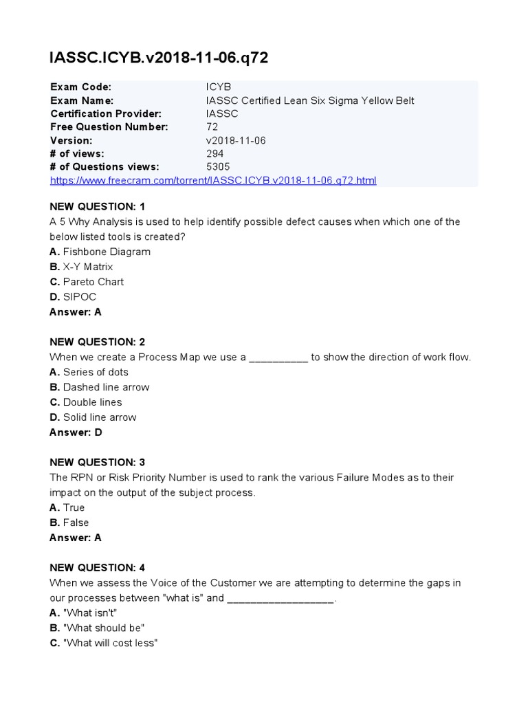 IASSC Lean Six Sigma Green Belt Exam Questions - 72q | PDF