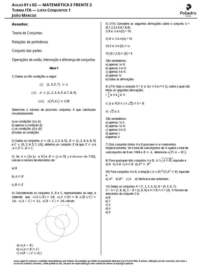 F1 - Lista 01 - Conjuntos | PDF | Conjunto (Matemática) | Conjunto ...