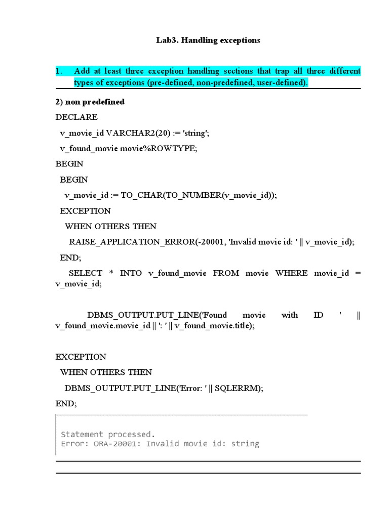 Lab 3. Handling Exceptions | Download Free PDF | Pl/Sql | Sql