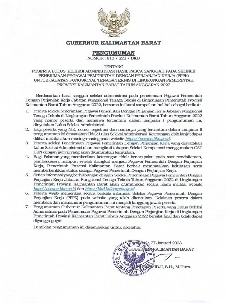 Pengumuman Pasca Sanggah Seleksi Administrasi PPPK JF Teknis 2022 | PDF