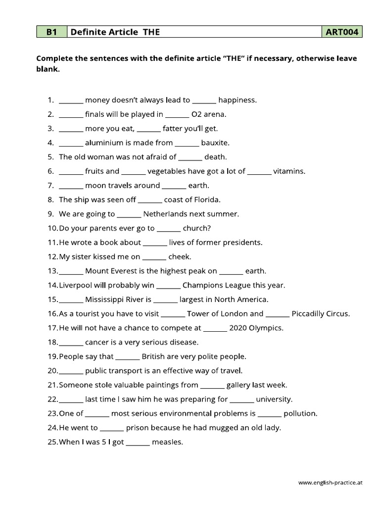 Definite Article The - PDF Grammar Worksheet - B1 - ART004 | PDF