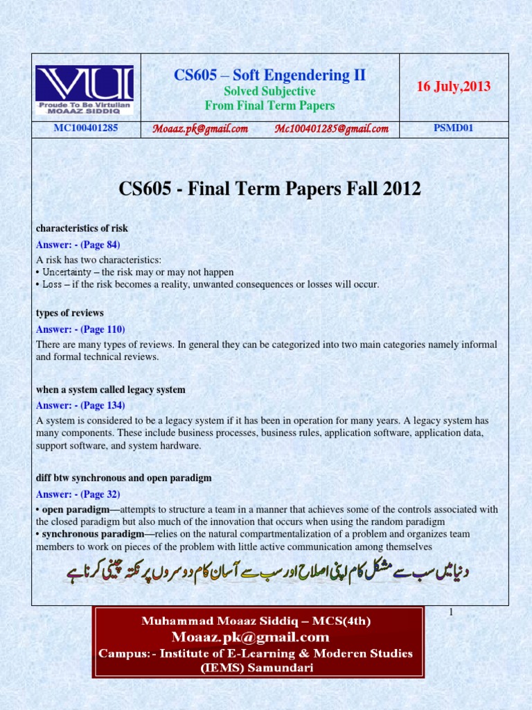 CS605 Final Subjective | PDF | Reliability Engineering | Information