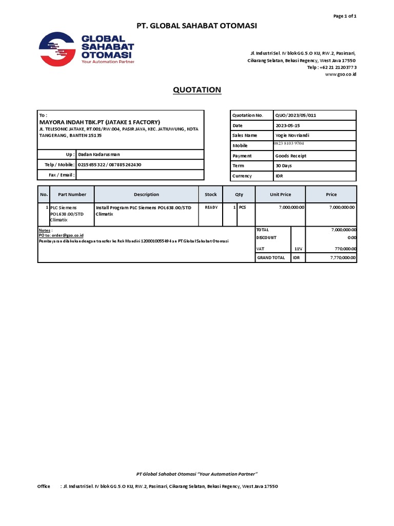Quotation Install PLC Siemens | PDF