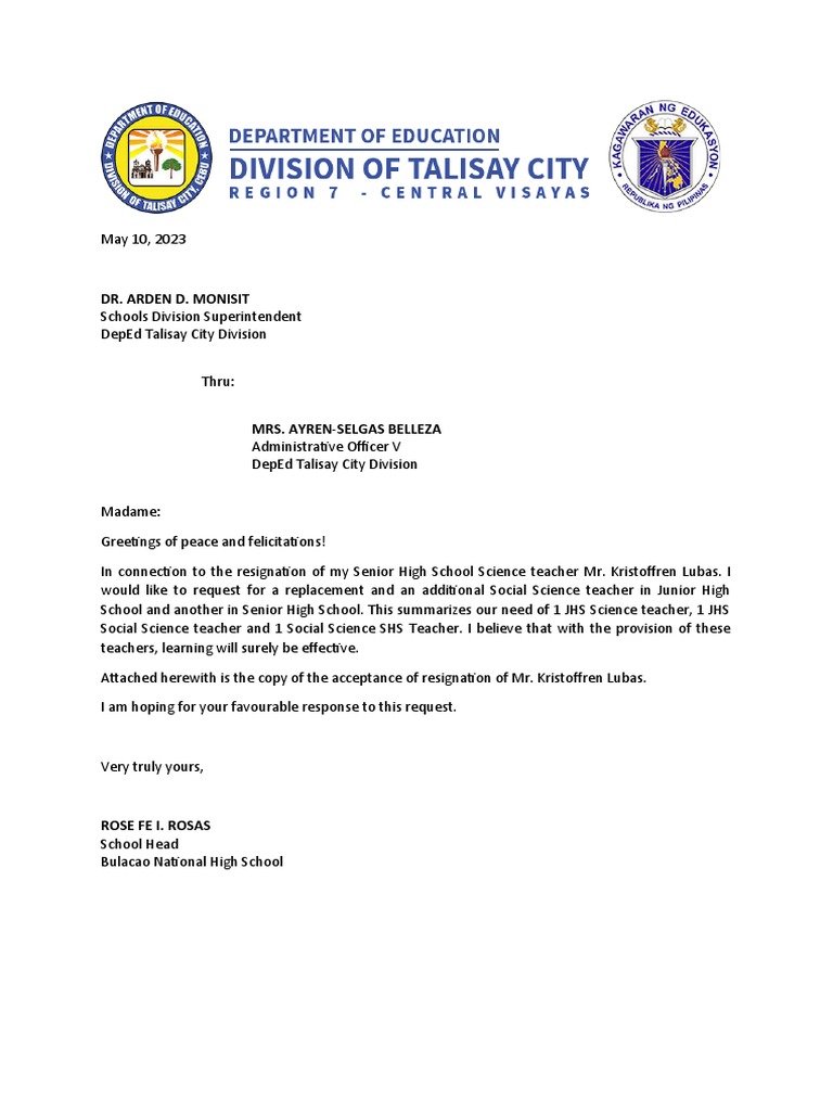 Letter Request For Teacher | PDF