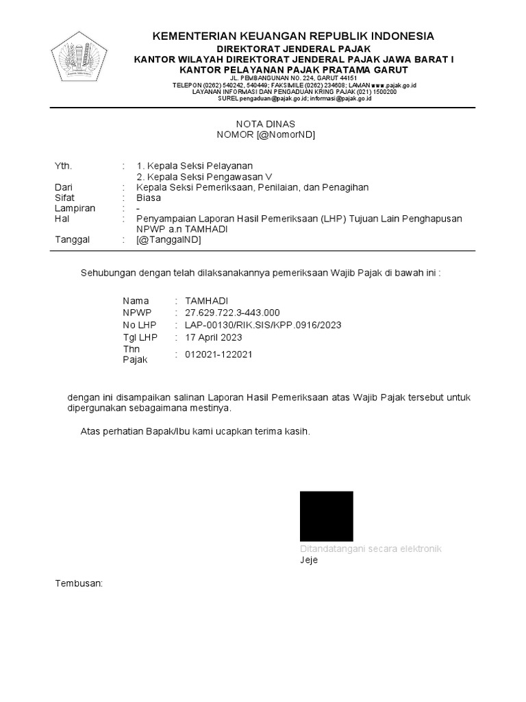 Penyampaian Laporan Hasil Pemeriksaan (LHP) Tujuan Lain Penghapusan NPWP A.N TAMHADI | PDF