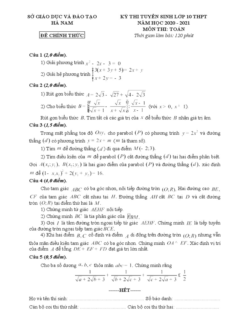 De Toan 2020-2021 | PDF