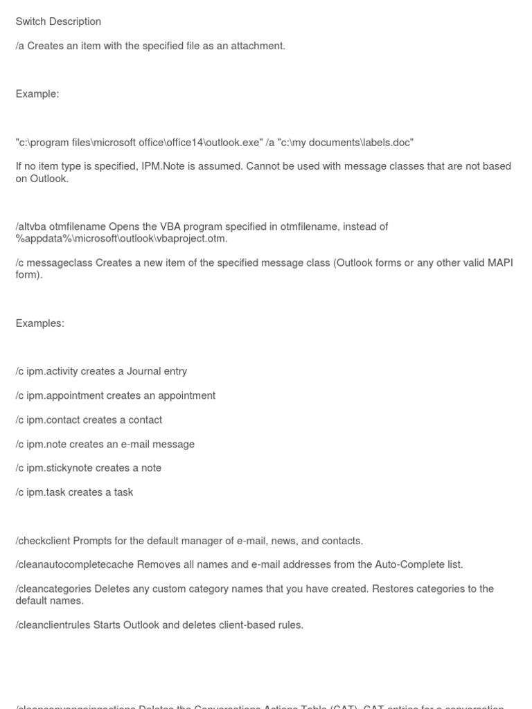 Outlook 2010 Command Line Switches | PDF | Microsoft Outlook | Command ...