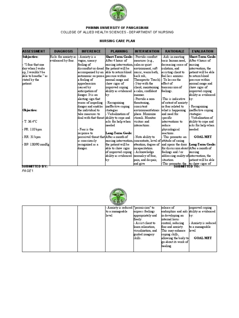NCP Template | PDF | Anxiety | Nursing