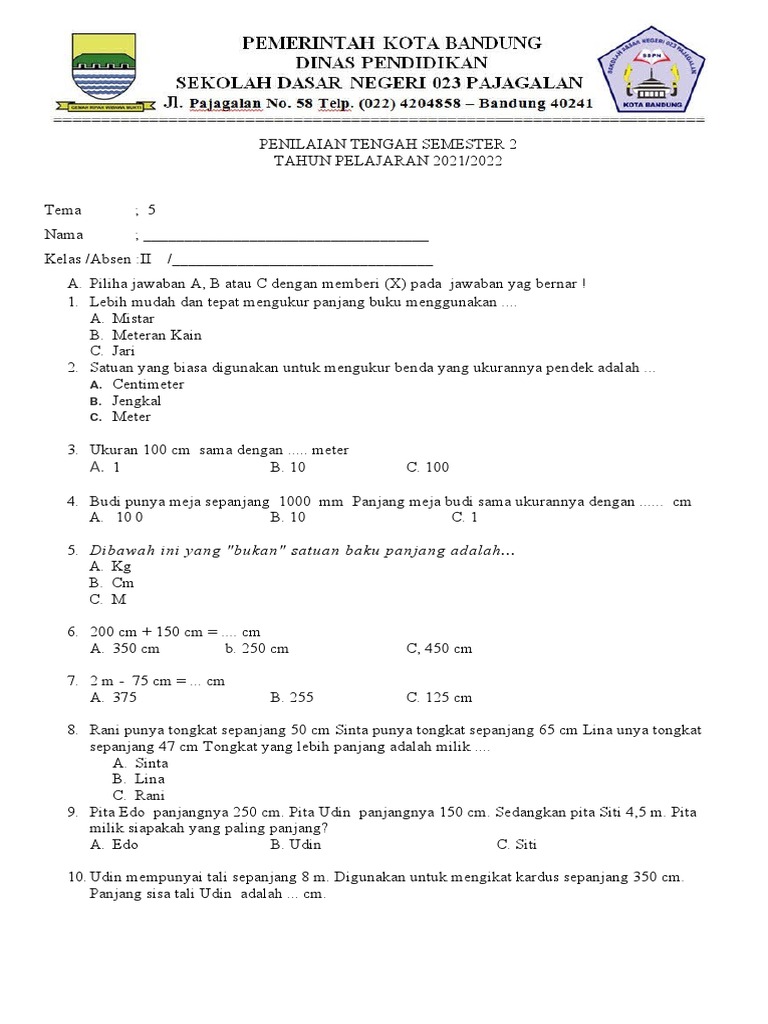 PTS Matematika Tema 5 | PDF