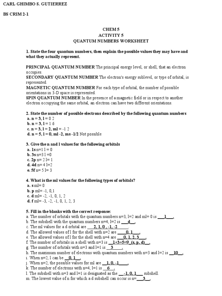 Activity-Quantum Numbers | PDF | Atomic Orbital | Electromagnetism