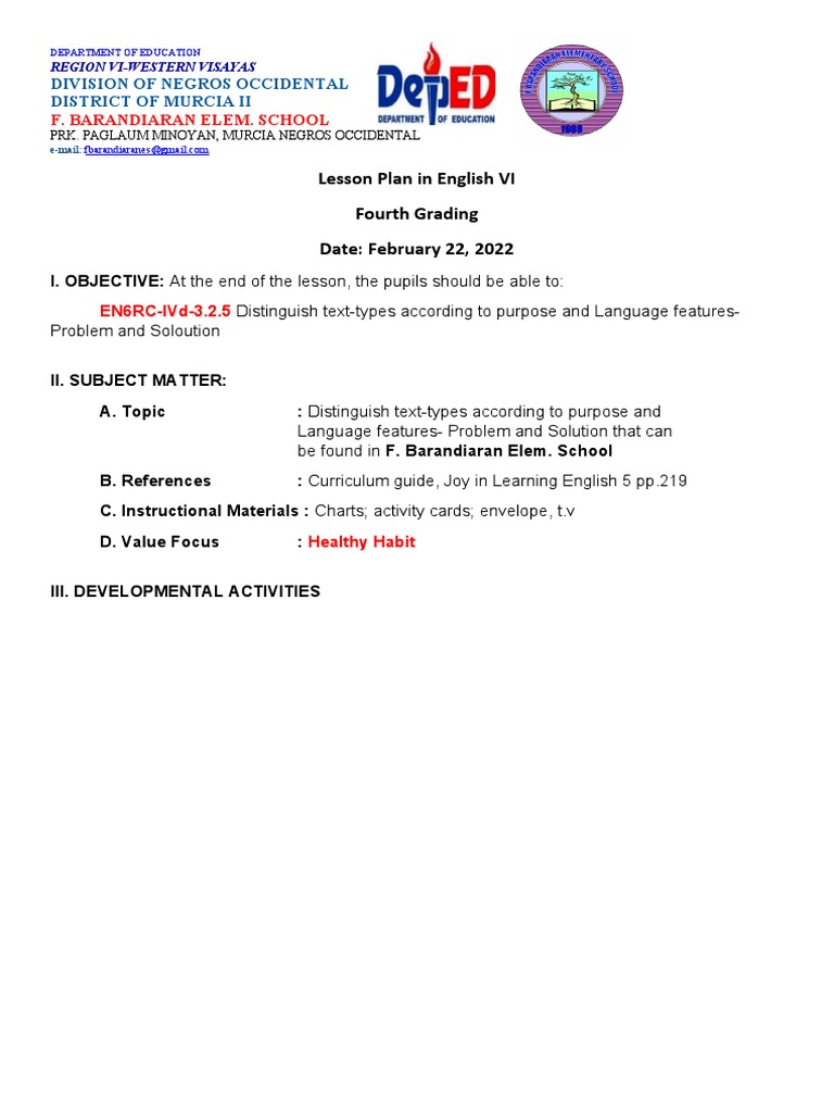 Lesson Plan in English VI | PDF | Lesson Plan | Frog