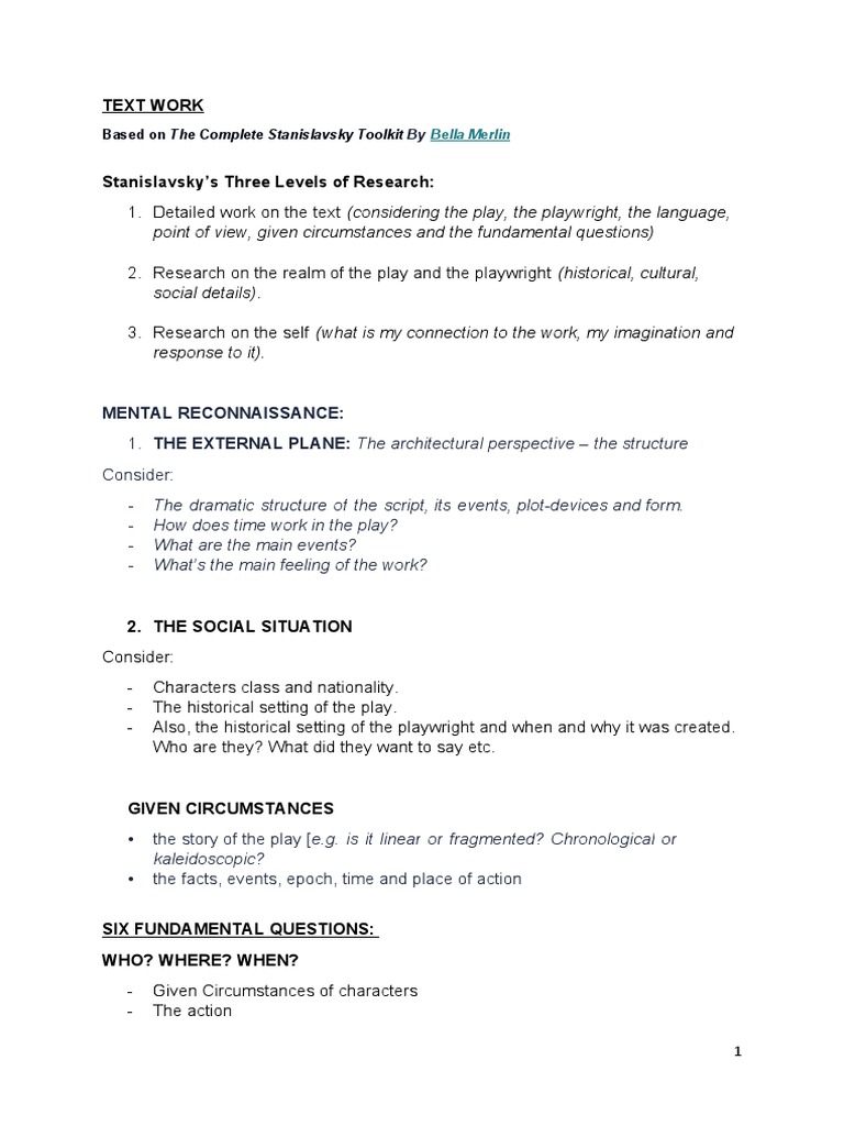 Stanislavsky's Seven Fundamental Questions | PDF | Feeling ...