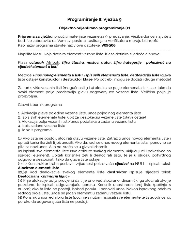 Programiranje II: Vježba 9 | PDF