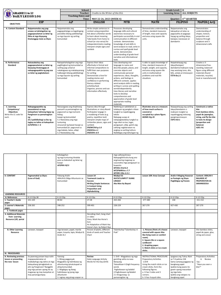 DLL All Subjects 2 q4 w4 d2 | PDF | Linguistics | Cognition