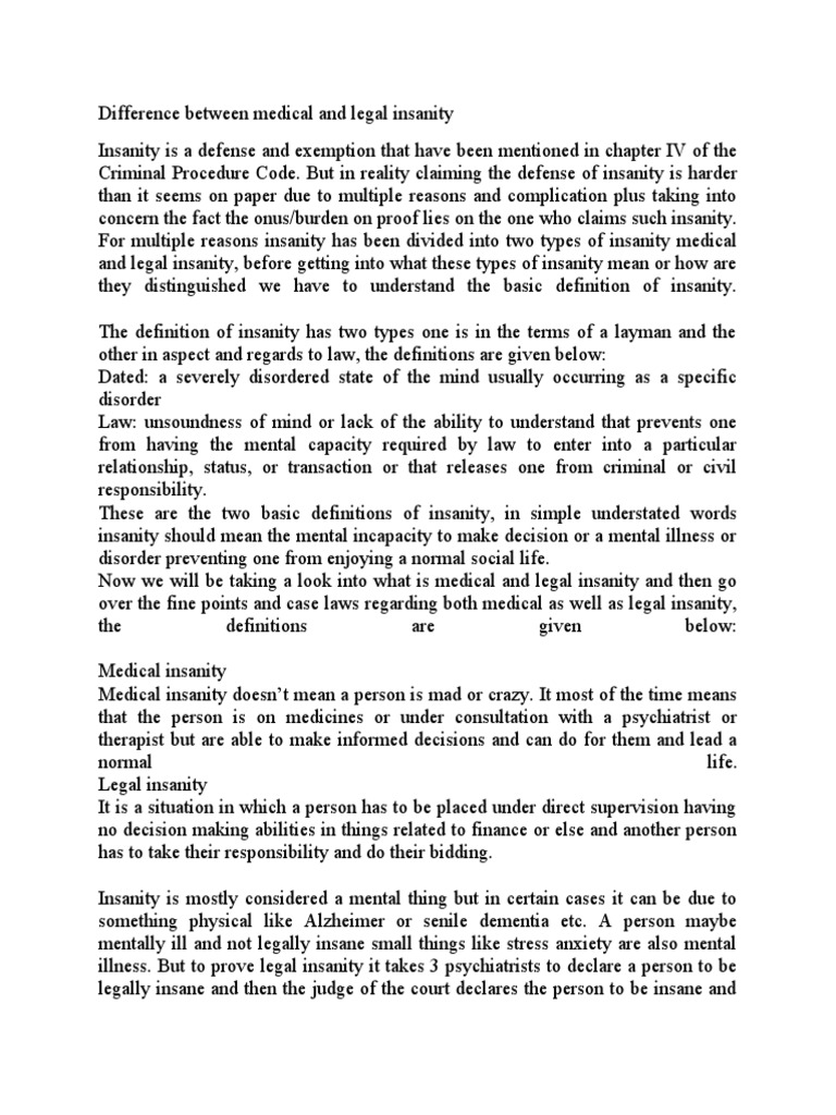 Legal vs. Medical Insanity Explained | PDF | Insanity Defense | Burden ...