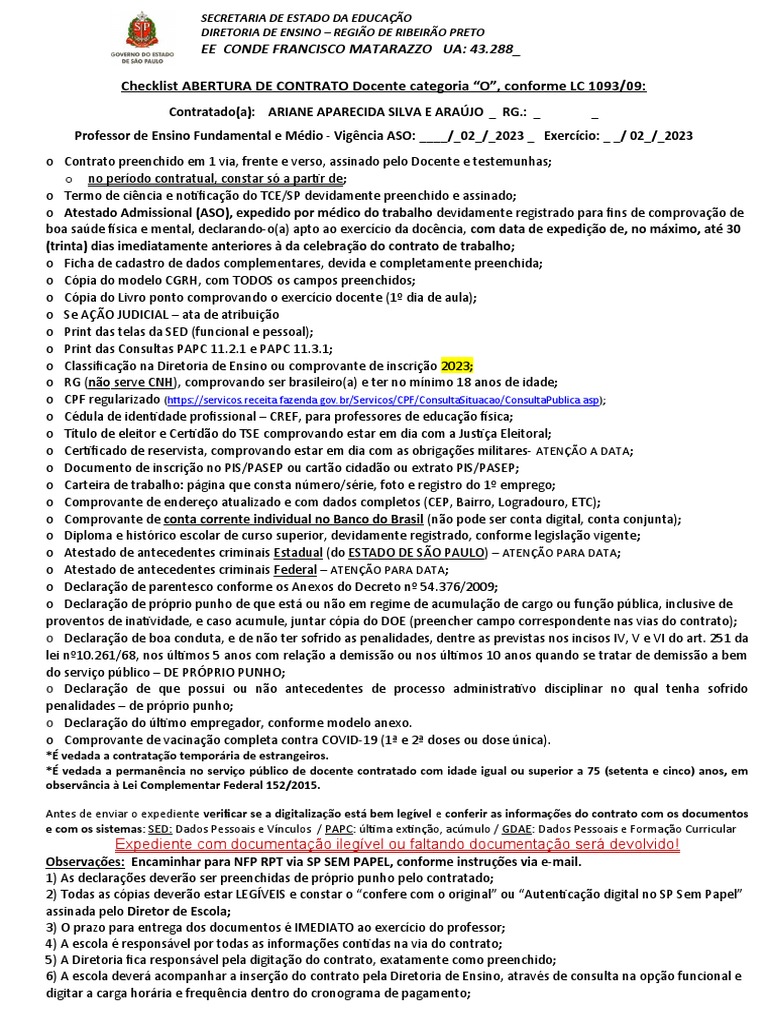 Checklist para Contrato de Professor | PDF