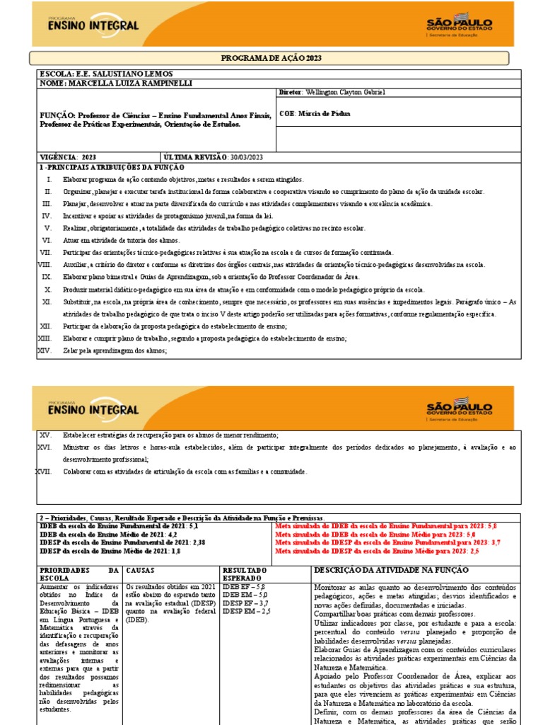 Programa de Ação 2023 Impressão | PDF | Pedagogia | Aprendizado