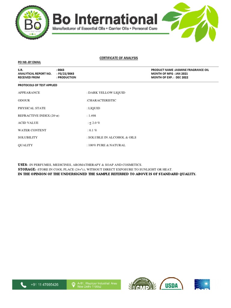 Coa of Jasmine Oil | PDF