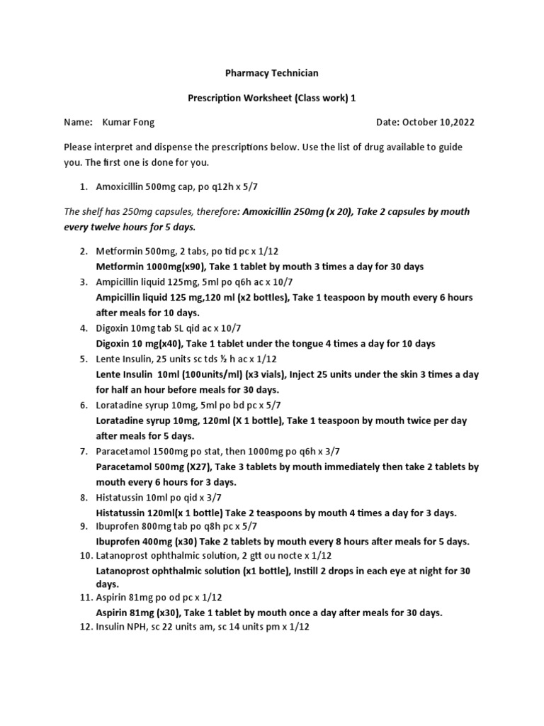 Kumar Fong's Prescription Worksheet | PDF | Drugs | Pharmaceutical Sciences