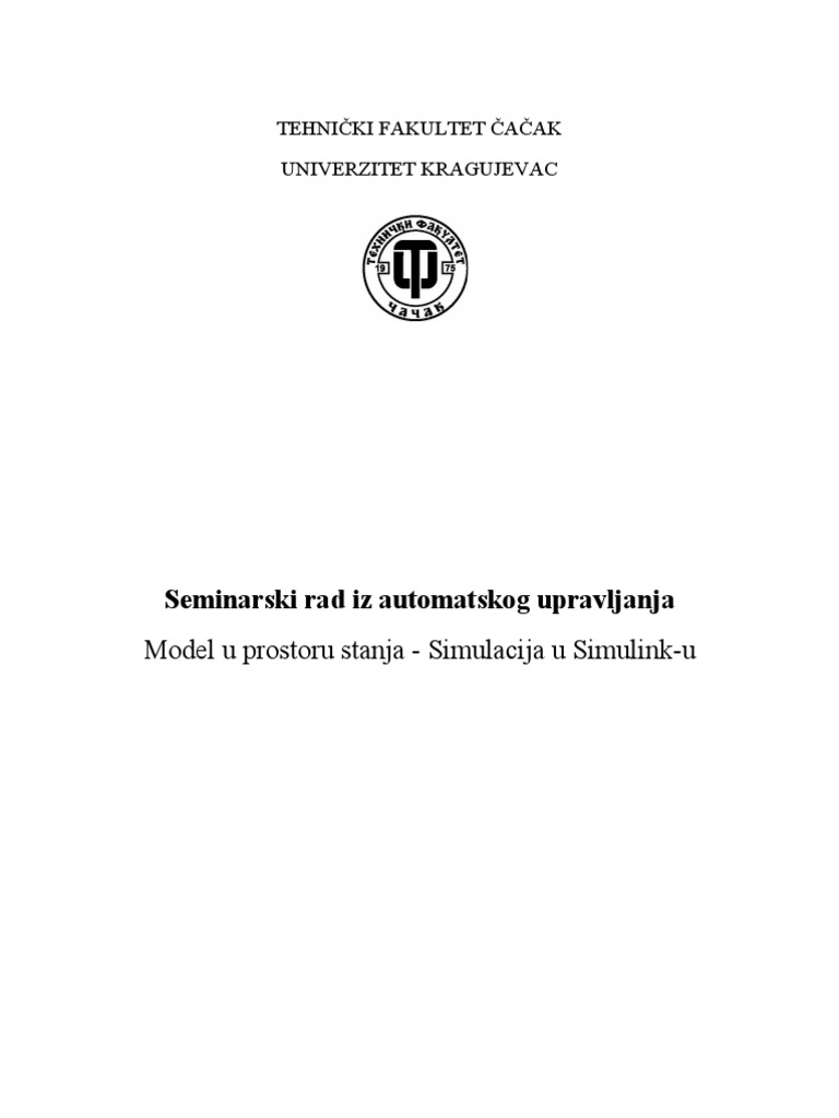 Seminarski Rad Iz Automatskog Upravljanja: Model U Prostoru Stanja ...