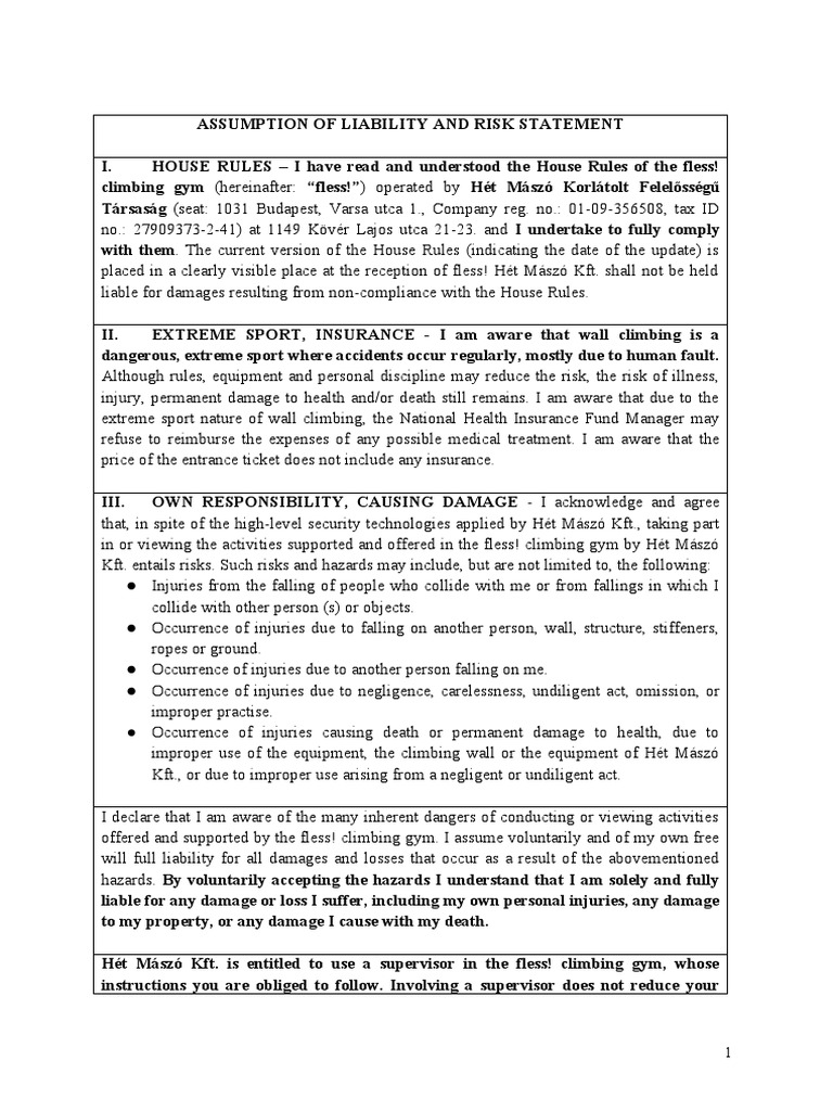 Assumption of Liability and Risk Statement ENG | PDF | Legal Liability ...