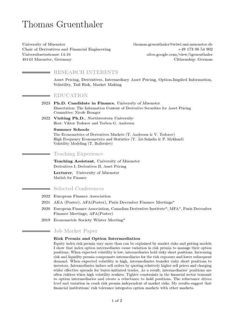 CV Thomas Gruenthaler | PDF | Derivative (Finance) | Risk Premium