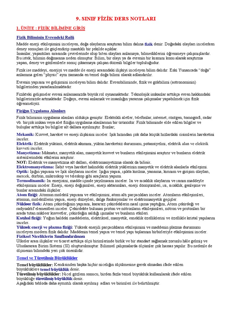 9 Sinif Fizik Ders Notlari | PDF