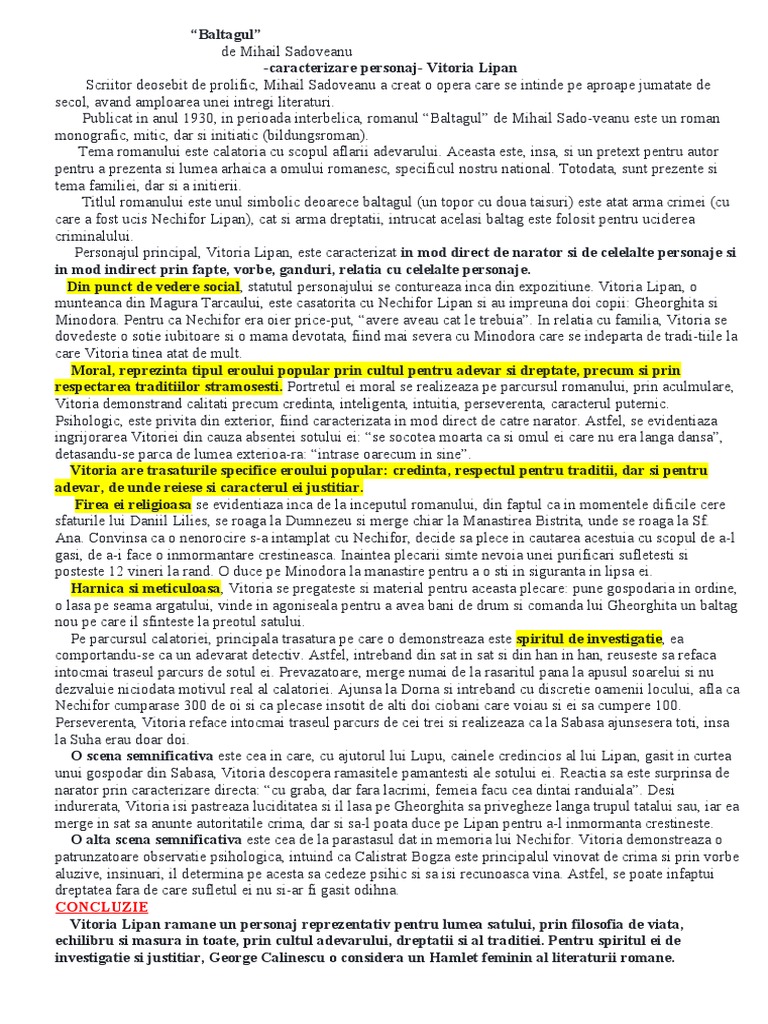 Baltagul-Caracterizare Vitoria Lipan | PDF