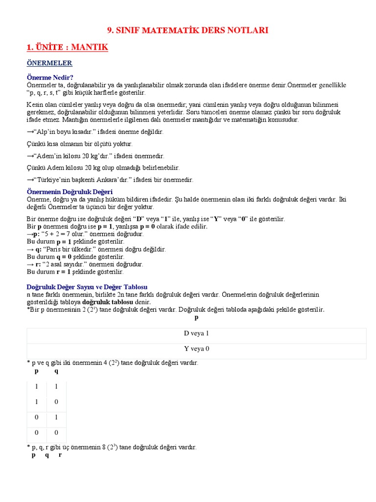9 Sinif Matematik Ders Notlari | PDF