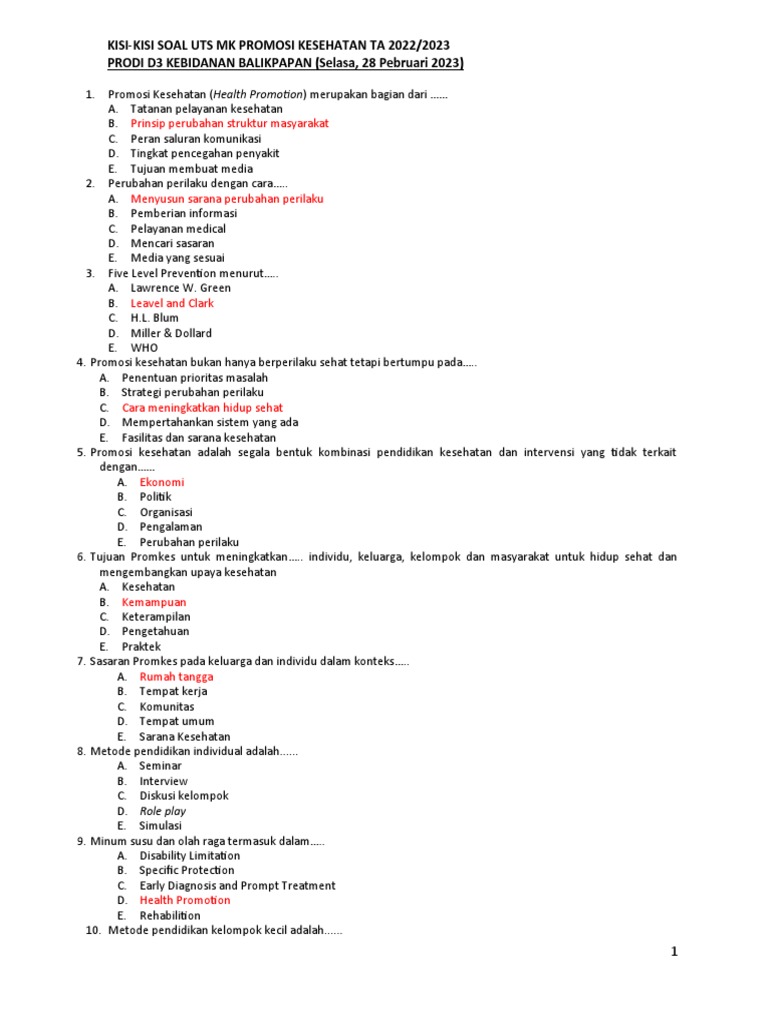 Soal Kisi2 Uts Promkes 2023 | PDF